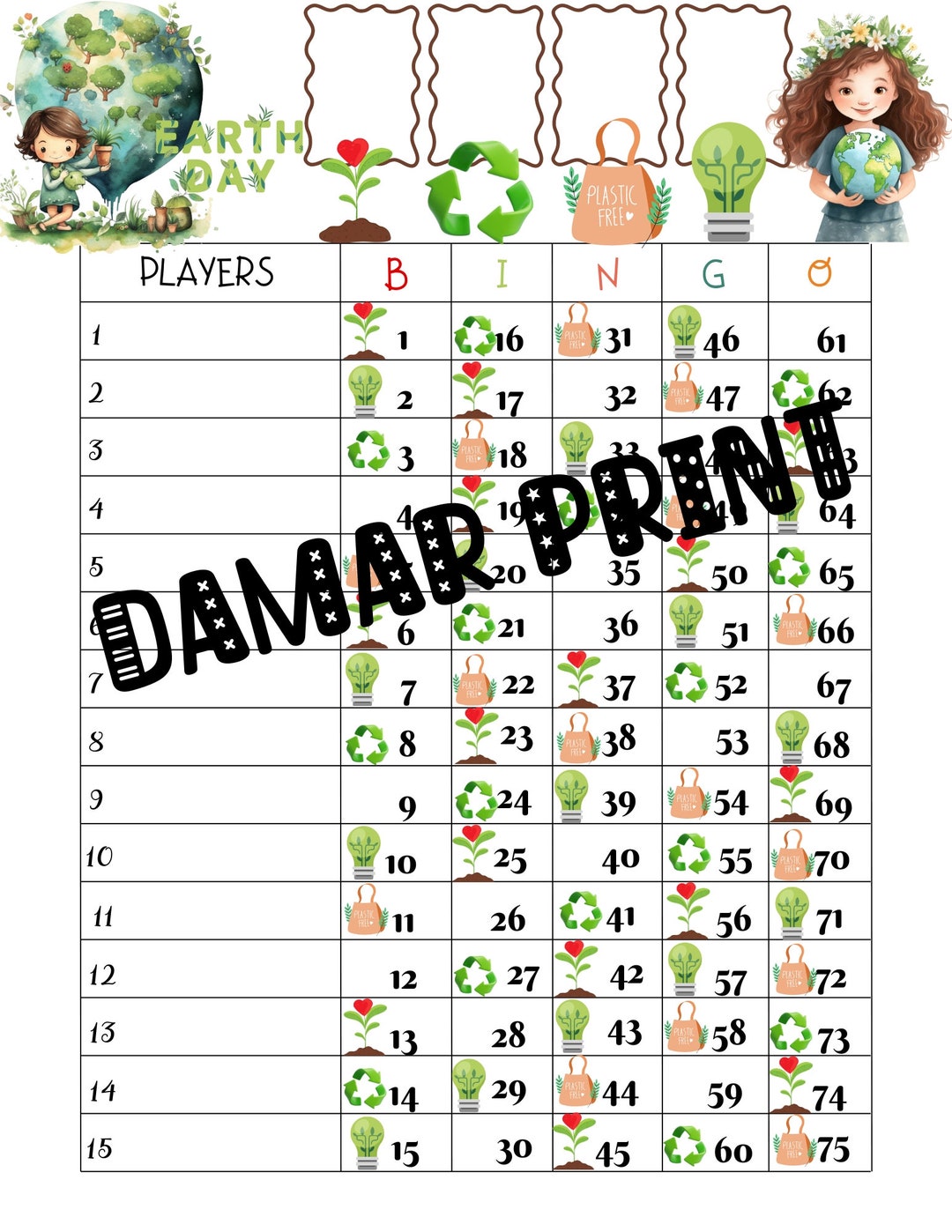 Earth Day Bingo Boards- Printable-bingo Boards 1-15 Lines -eco-friendly ...