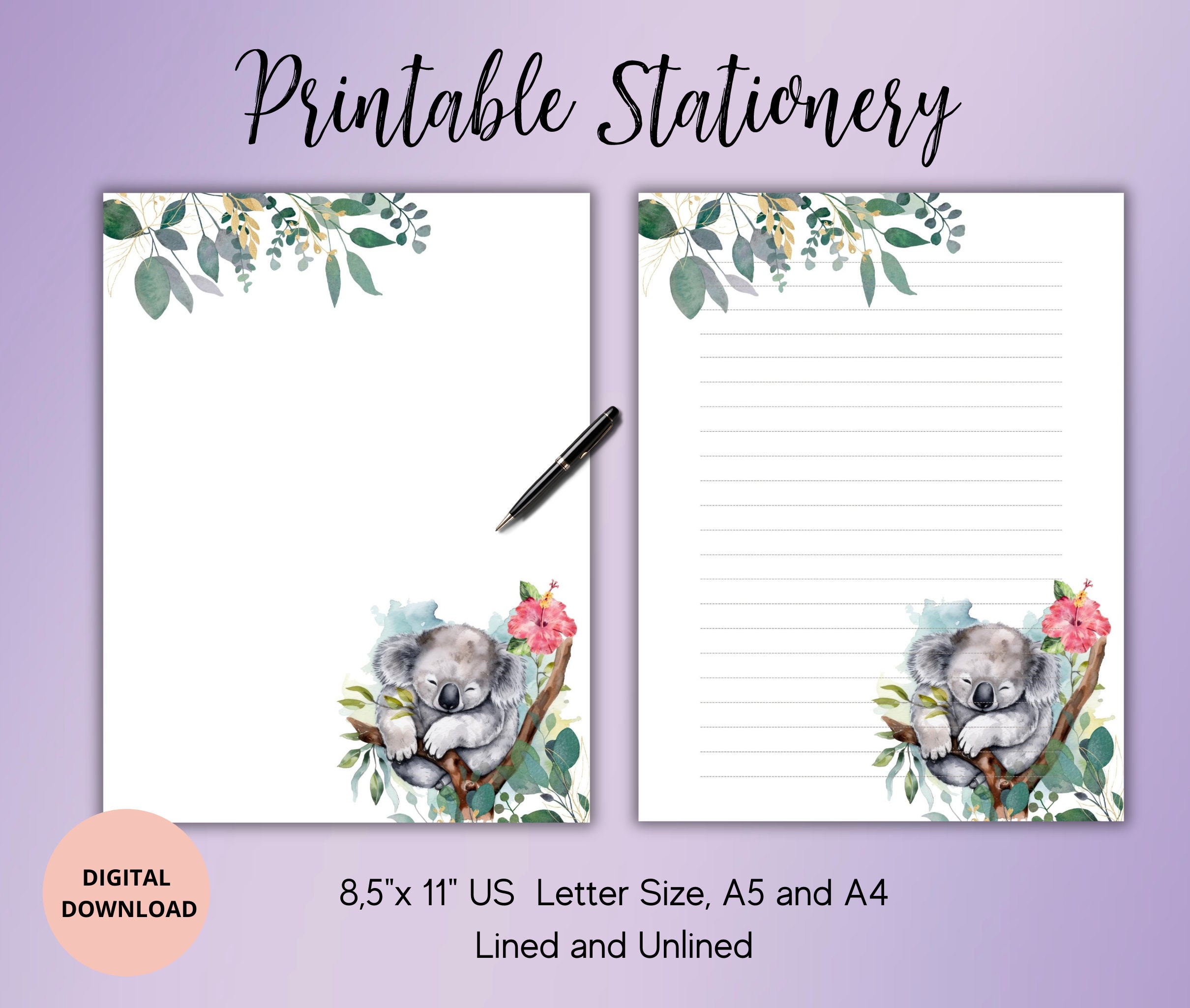 Koala Printable Stationery-cute Animal Writing Paper Set-kids ...