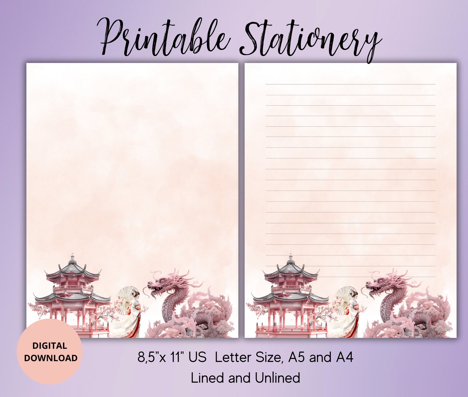 Geisha With Dragon Printable Stationery Sets- Digital Letter-floral ...