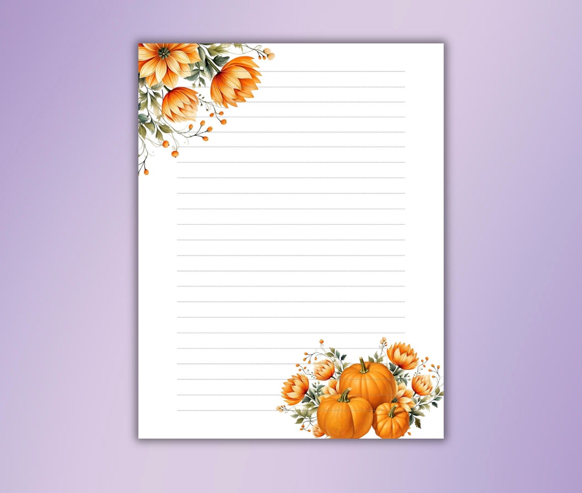 Pumpkin With Flowers Stationery,autumn Printable Stationary,pen Pal ...