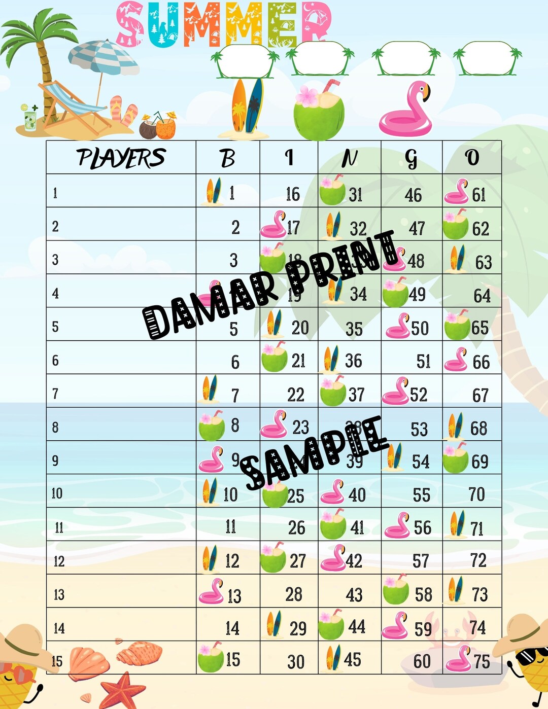 Summer Bingo Boards Printable-bingo Boards 1-15 Lines- Straight Mixed ...