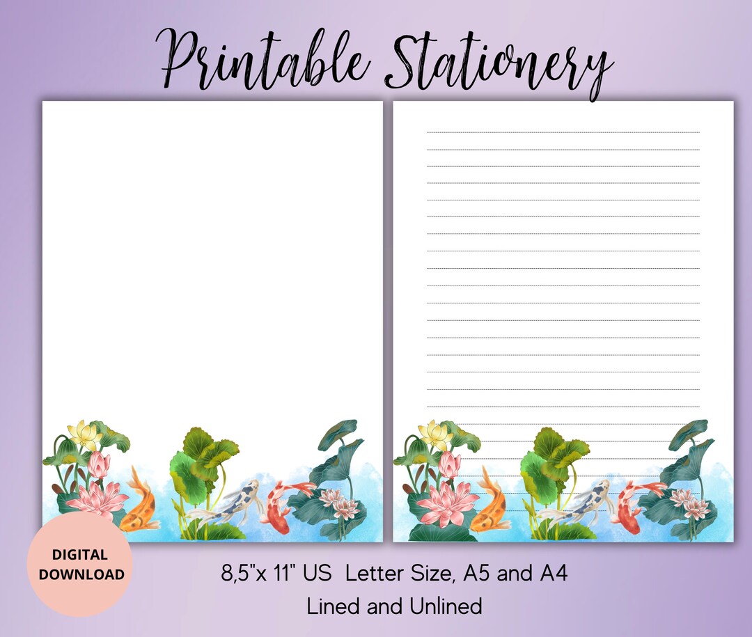 Japanese Koi Fish Printable Stationery- Lotus Pond and Koi Fish Writing ...