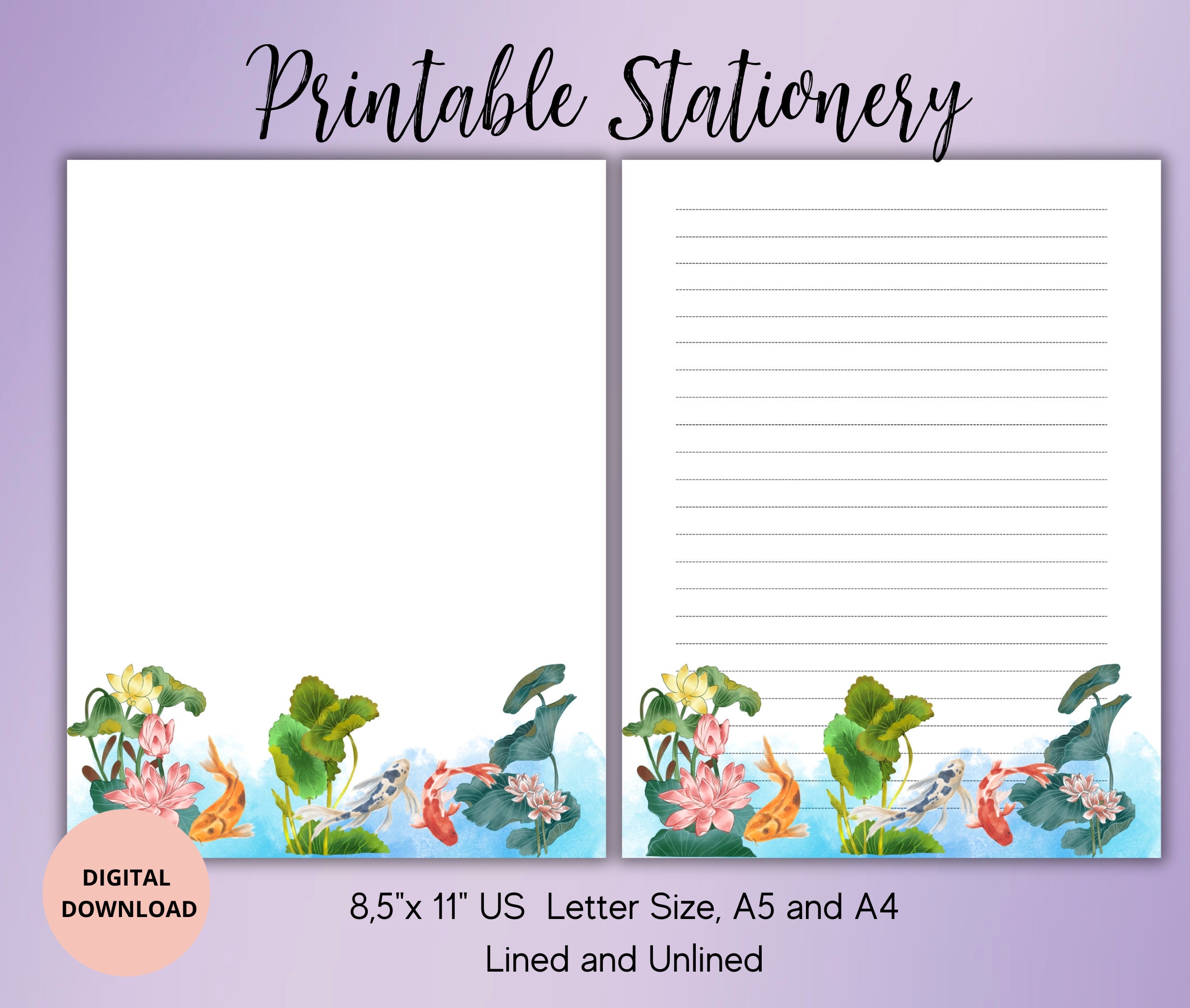 Japanese Koi Fish Printable Stationery- Lotus Pond and Koi Fish Writing ...