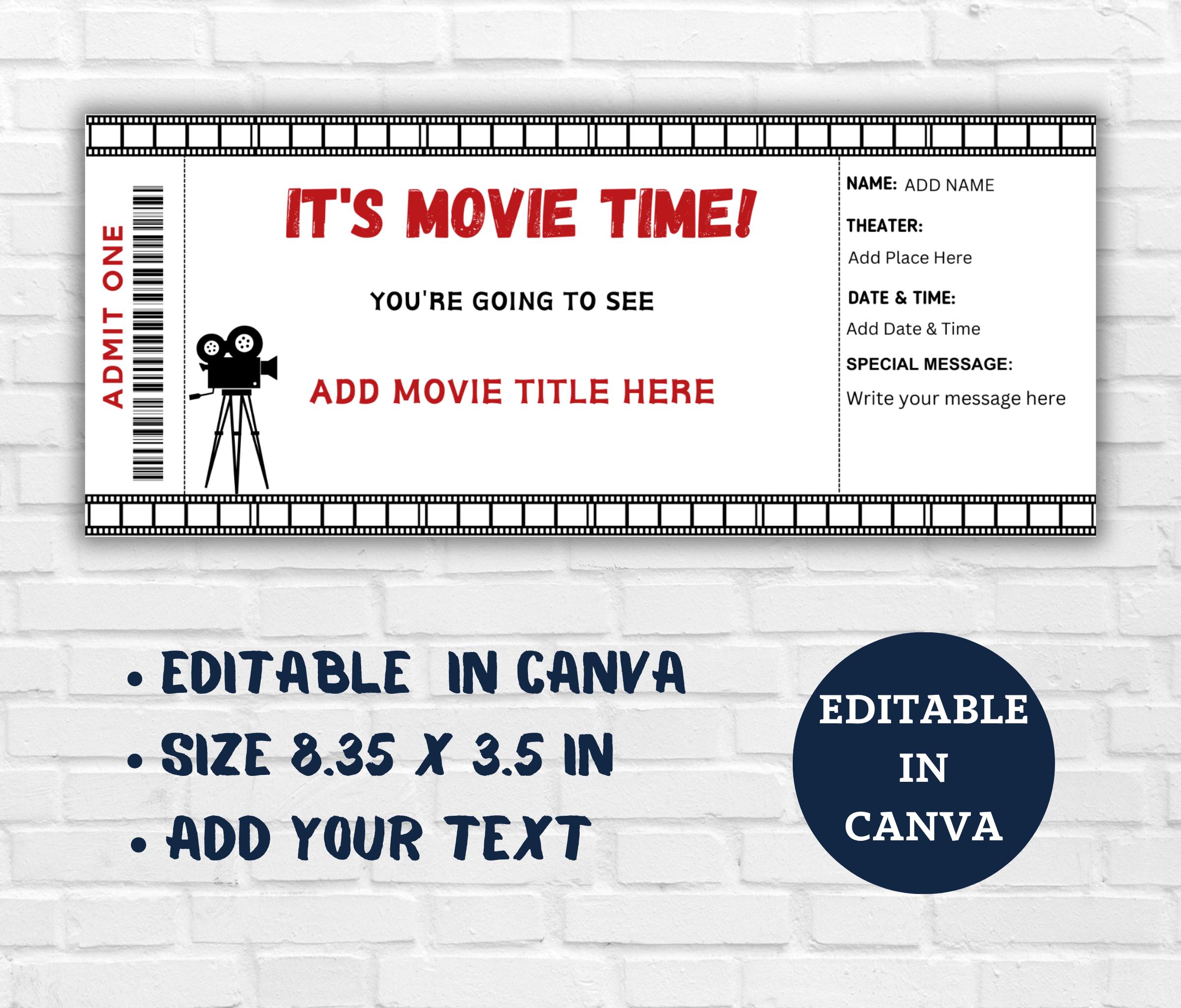 Movie Night Editable Ticket-editable Movie Voucher-custom Movie Ticket ...