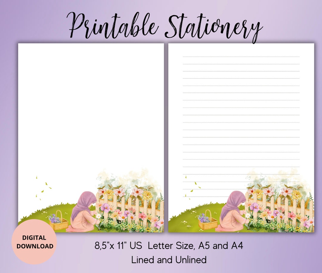 Girl in Garden Printable Stationery-flower Writing Paper Set Unlined ...