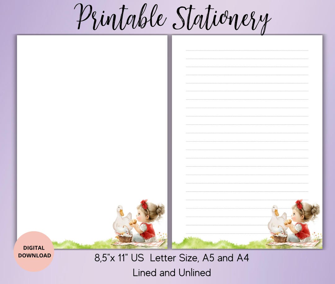Girl With Goose Printable Stationery-cute Writing Paper Set Lined ...