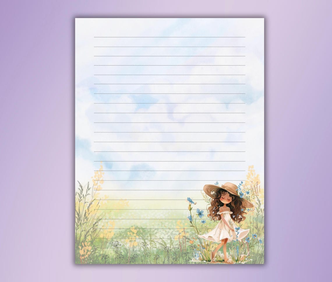 Girl With Flower Printable Stationery-watercolor Summer Writing Paper ...