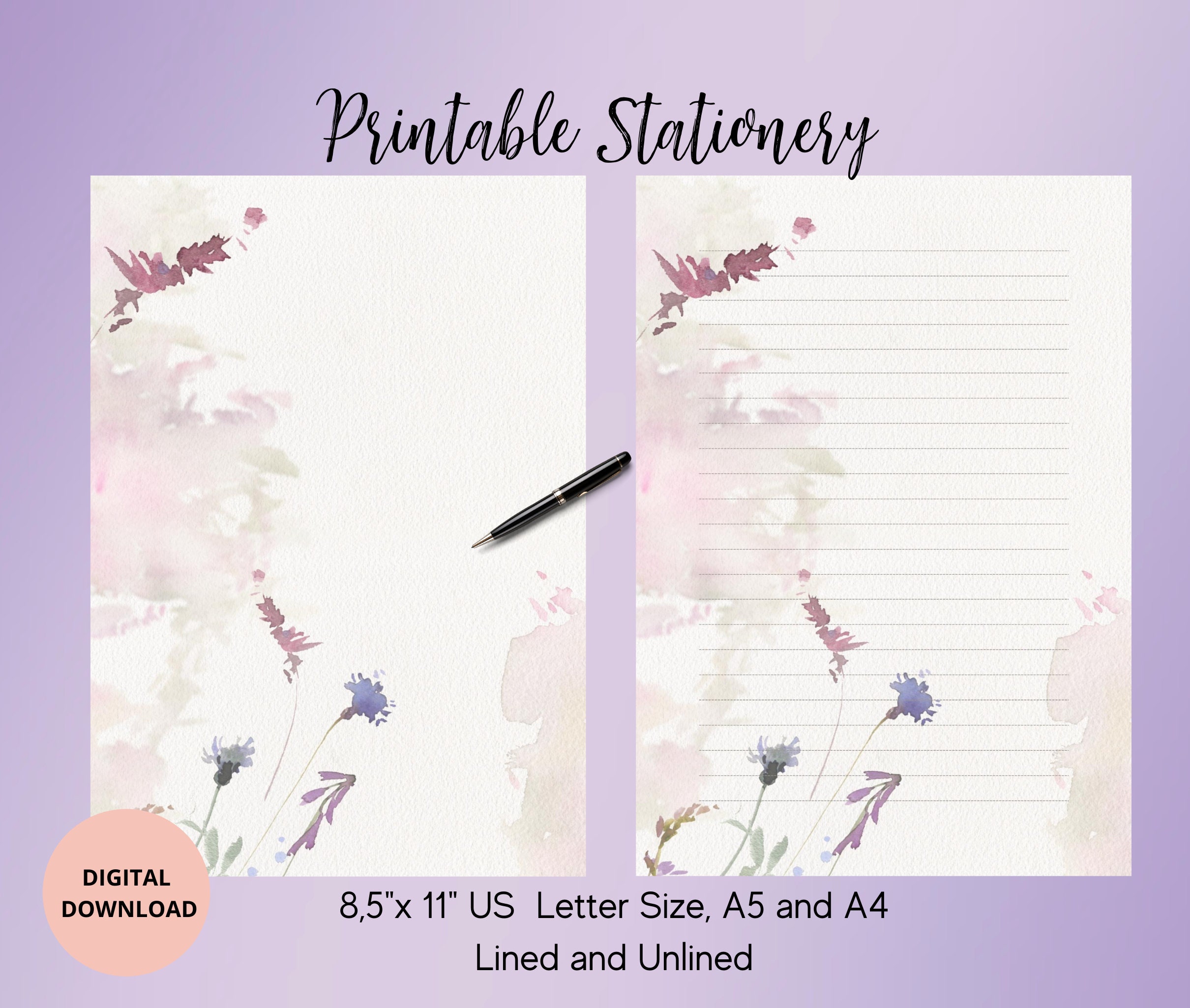 Watercolor Printable Stationary-floral Printable Writing Paper Set ...