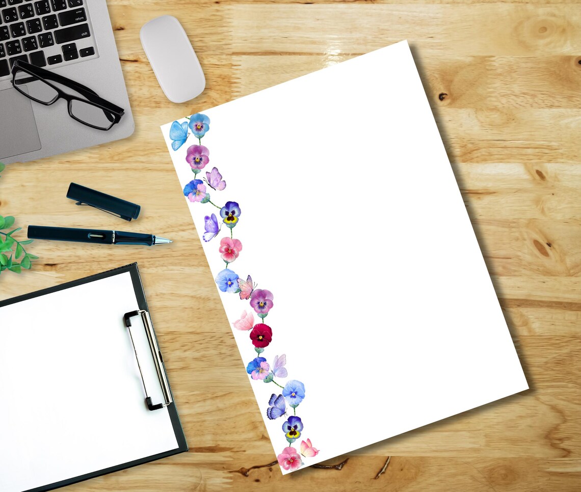 Pansies With Butterflies Printable Stationery-flower Writing Paper ...