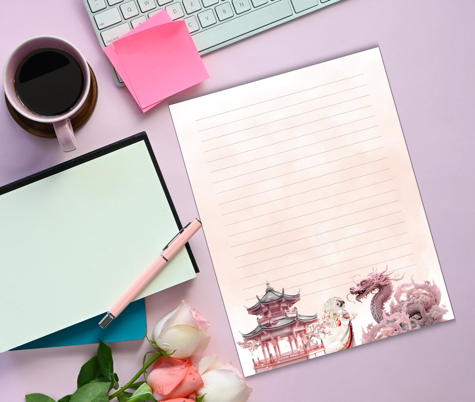 Geisha With Dragon Printable Stationery Sets- Digital Letter-floral ...