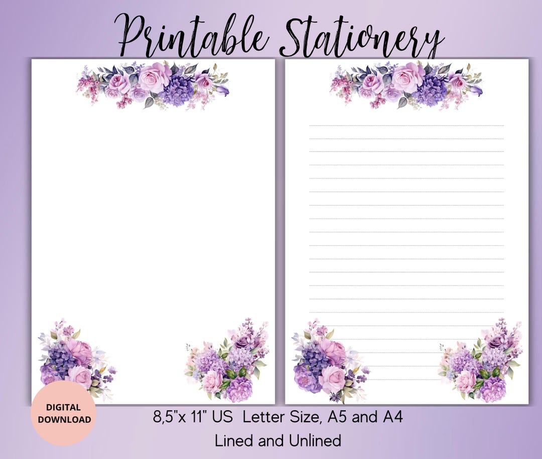 Purple Flowers Printable Stationery-floral Writing Paper Set A4,A5,US ...