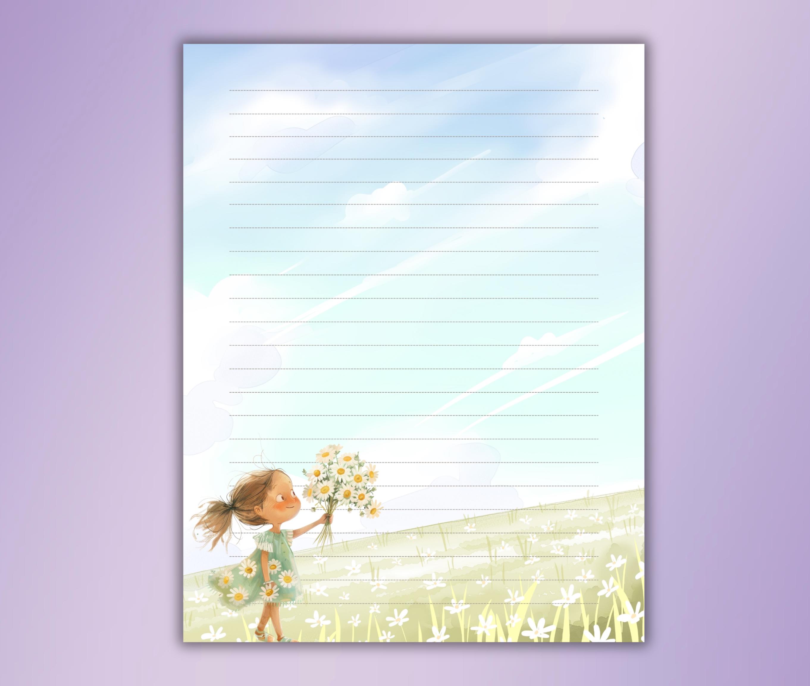 Girl With Daisy Printable Stationery-watercolor Summer Writing Paper ...