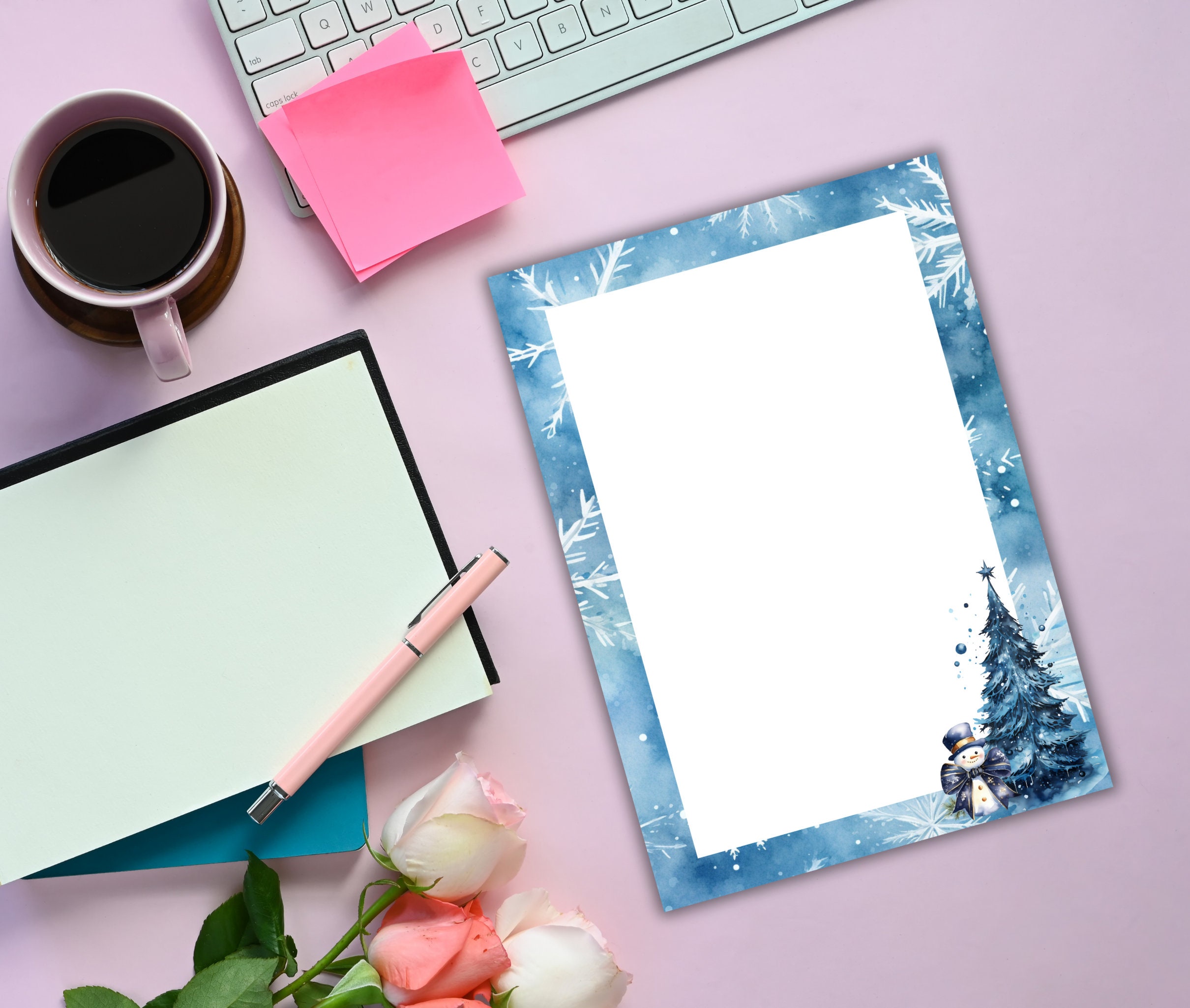 Blue Winter Printable Stationery-christmas Tree Snowman Writing Paper ...