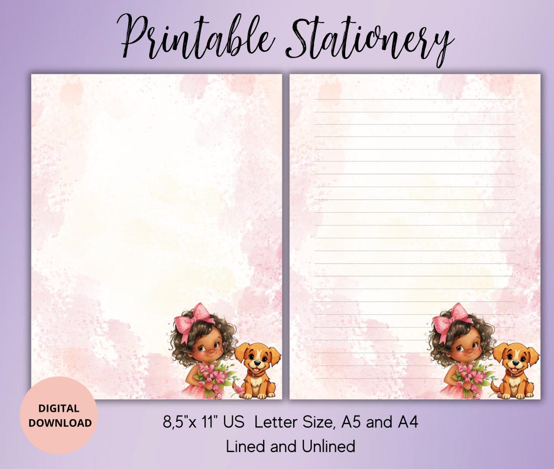 Girl and Dog Printable Stationery-writing Paper Set Unlined Lined A5/A4 ...