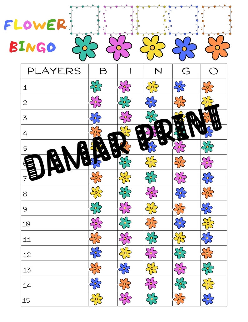 Flower Bingo Boards-printable Bingo Boards 1-15 Lines- Straight Mixed ...