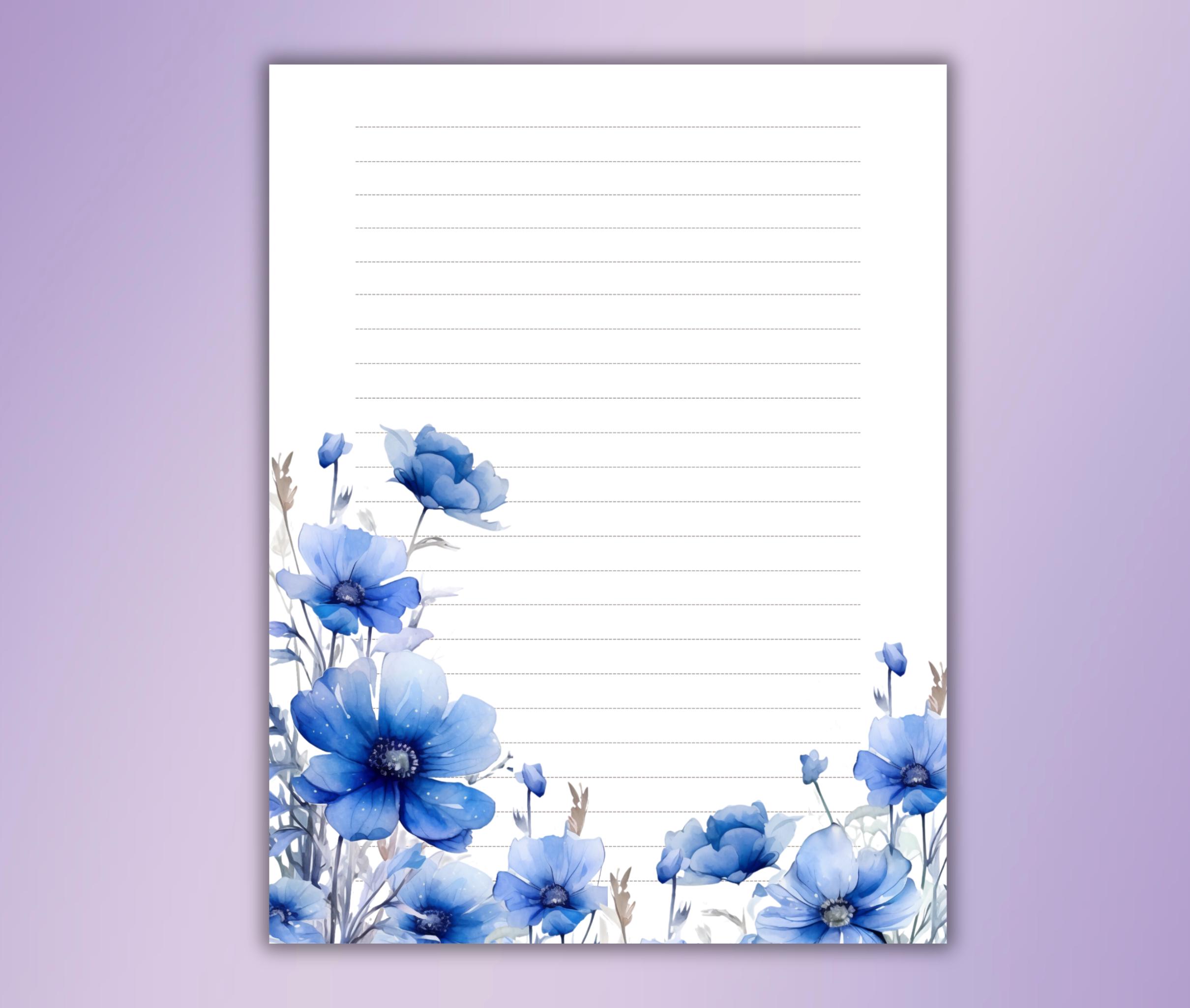 Blue Flower Printable Stationery-watercolor Flower Stationary-digital ...