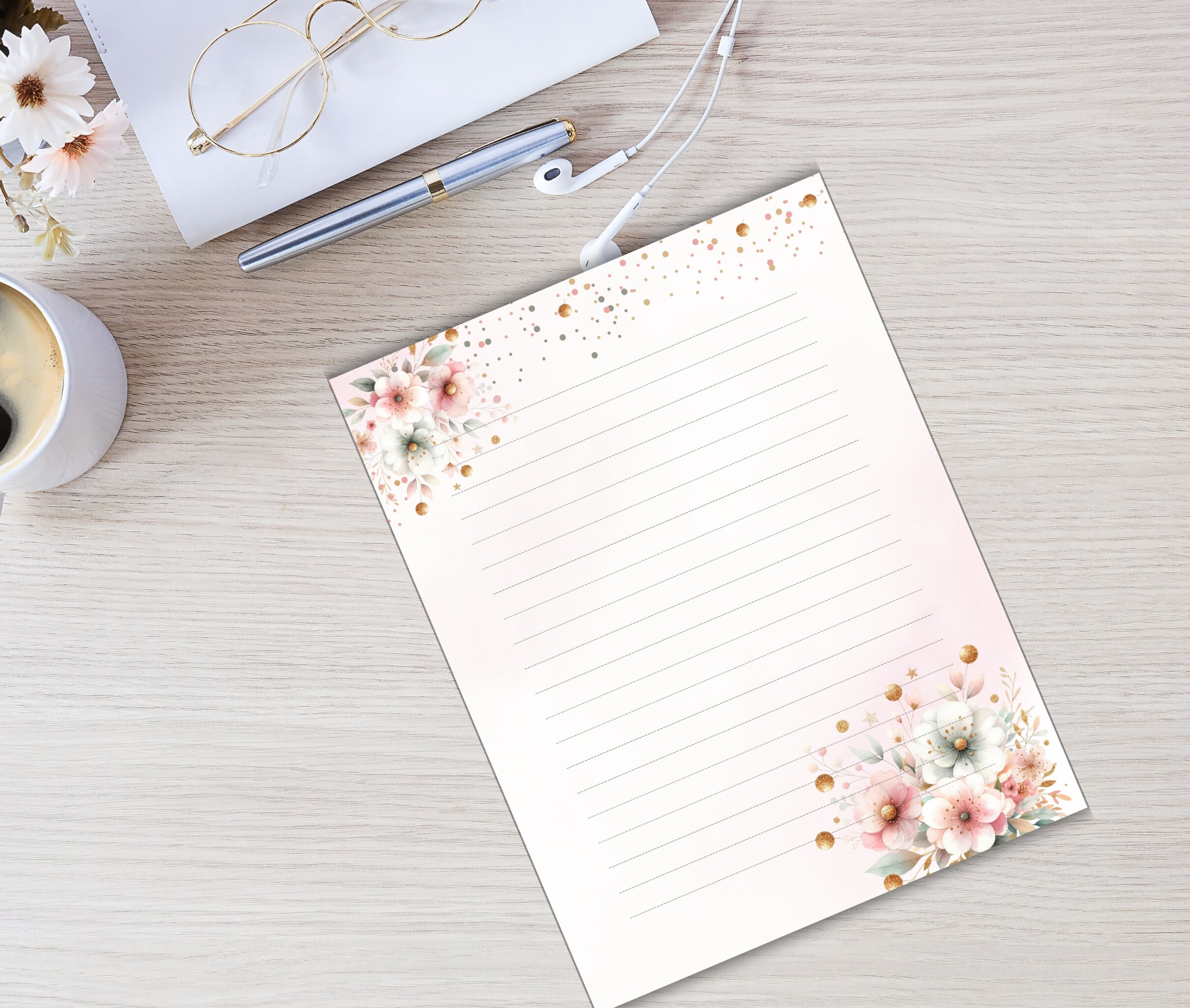 Watercolor Pink Flower Printable Sataionery-flower Stationary- Writing ...