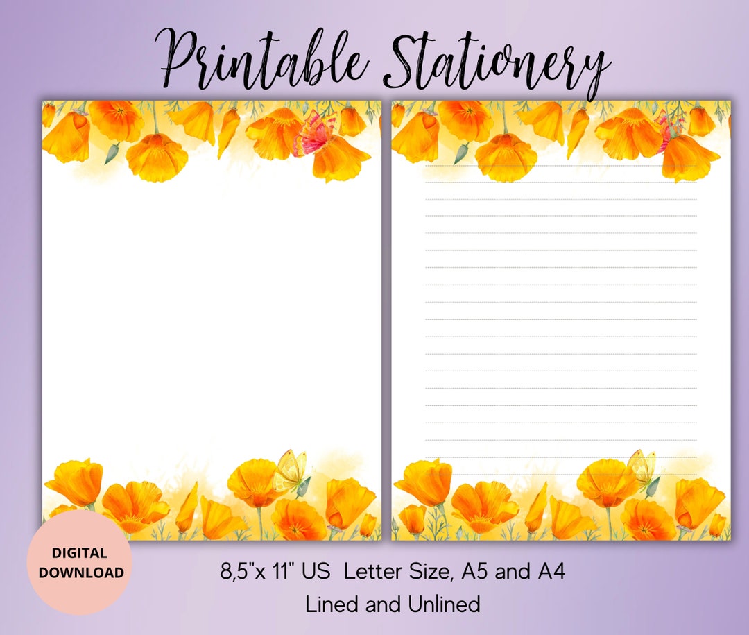 Yellow Flower With Butterflies Printable Stationery-watercolor Yellow ...
