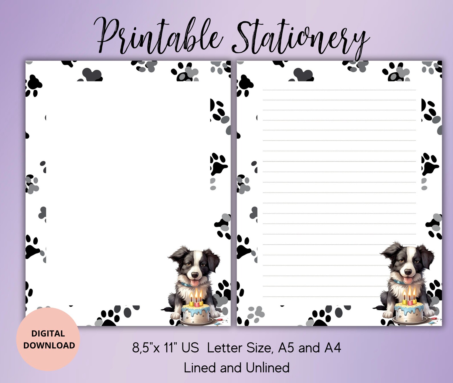 Dog Printable Stationery-dog Paw Writing Letter Paper Set Lined Unlined ...