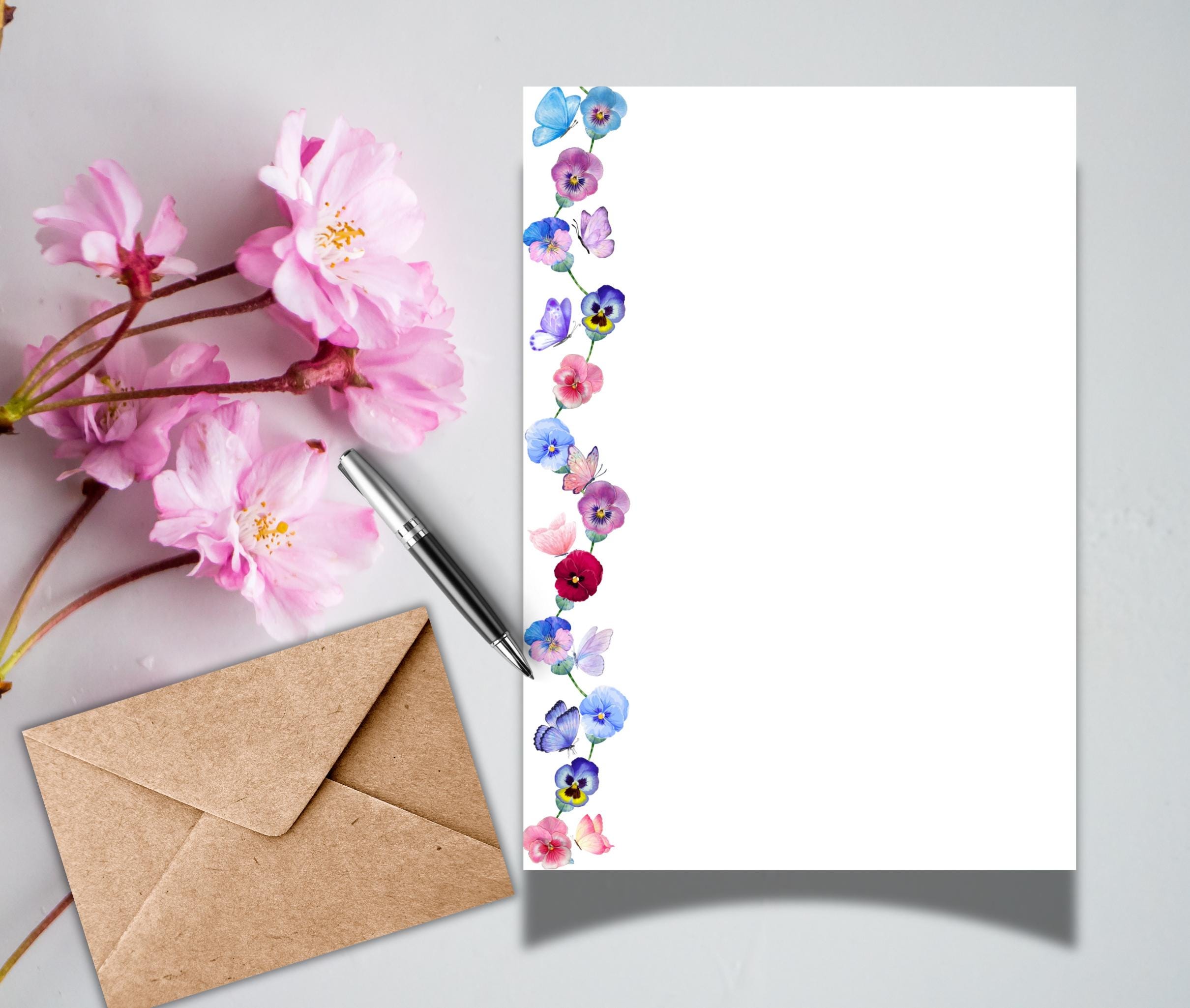 Pansies With Butterflies Printable Stationery-flower Writing Paper ...