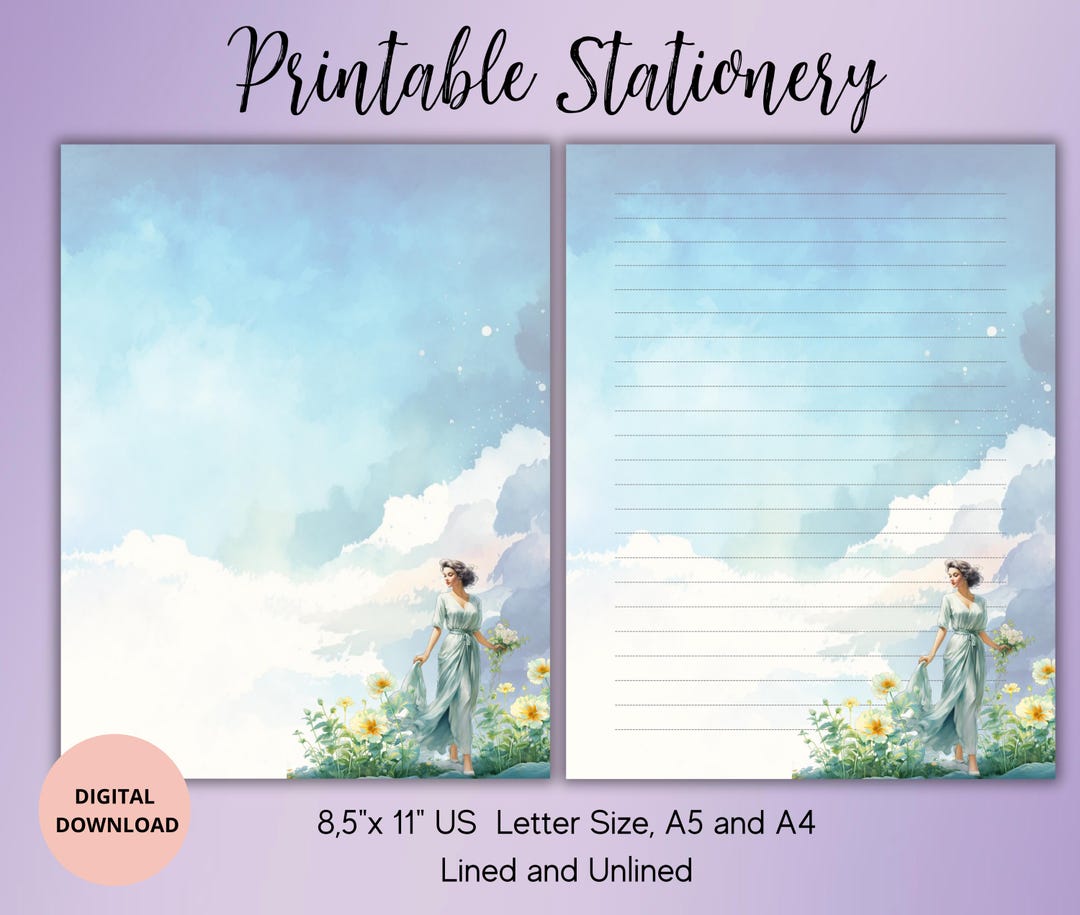 Woman With Flowers Printable Stationery -summer Writing Paper Set A5/A4 ...