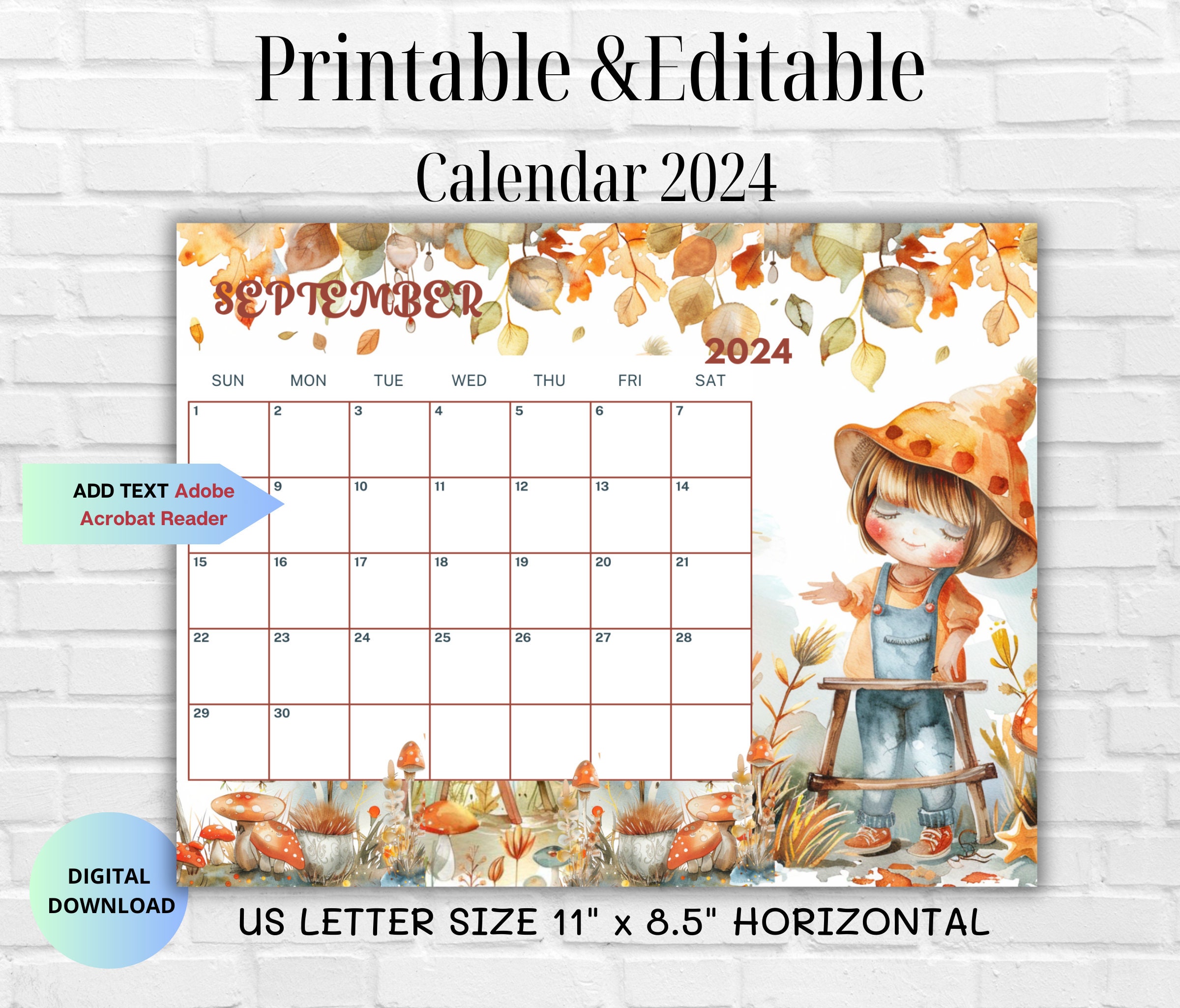 September 2024 Editable Printable Calendar-autumn Gnome Printable ...