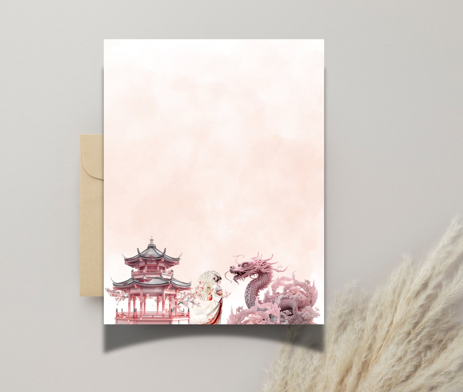 Geisha With Dragon Printable Stationery Sets- Digital Letter-floral ...