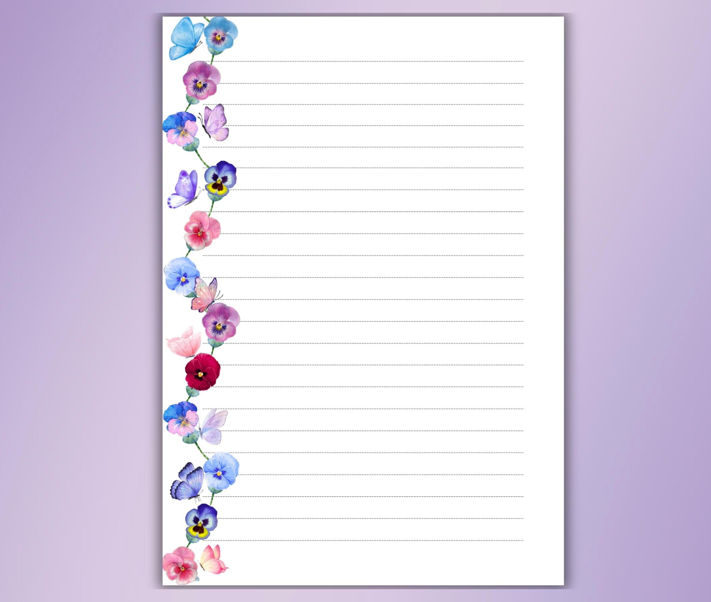 Pansies With Butterflies Printable Stationery-flower Writing Paper ...
