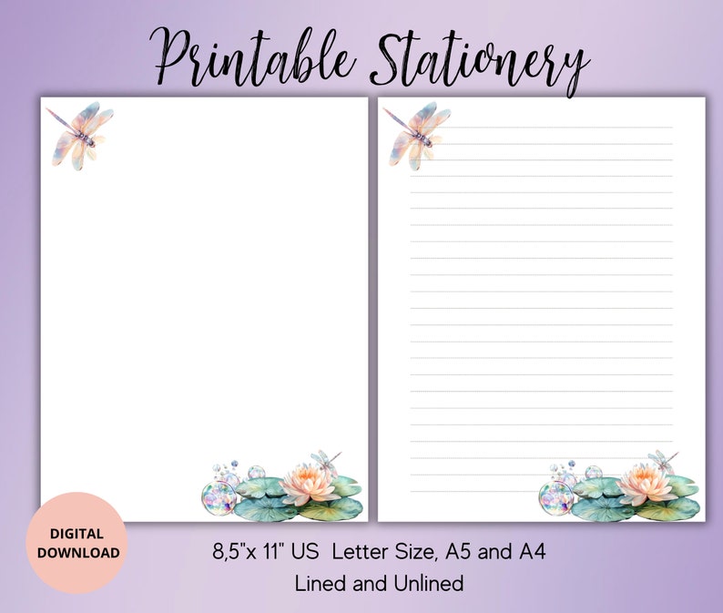 Lotus and Dragonfly Printable Stationery-flower Writing Paper Set ...
