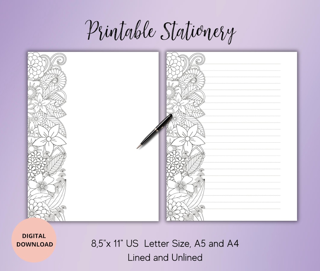 Coloring Flower Printable Stationery,flower Stationary,digital Download ...