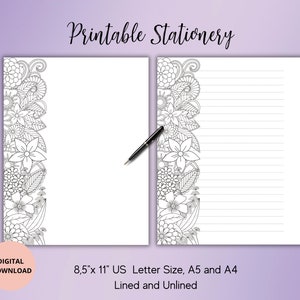 Coloring Flower Printable Stationery,flower Stationary,digital Download ...