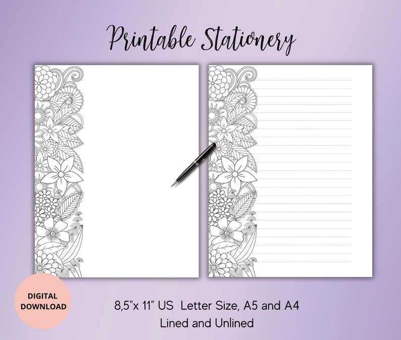 Coloring Flower Printable Stationery,flower Stationary,digital Download ...