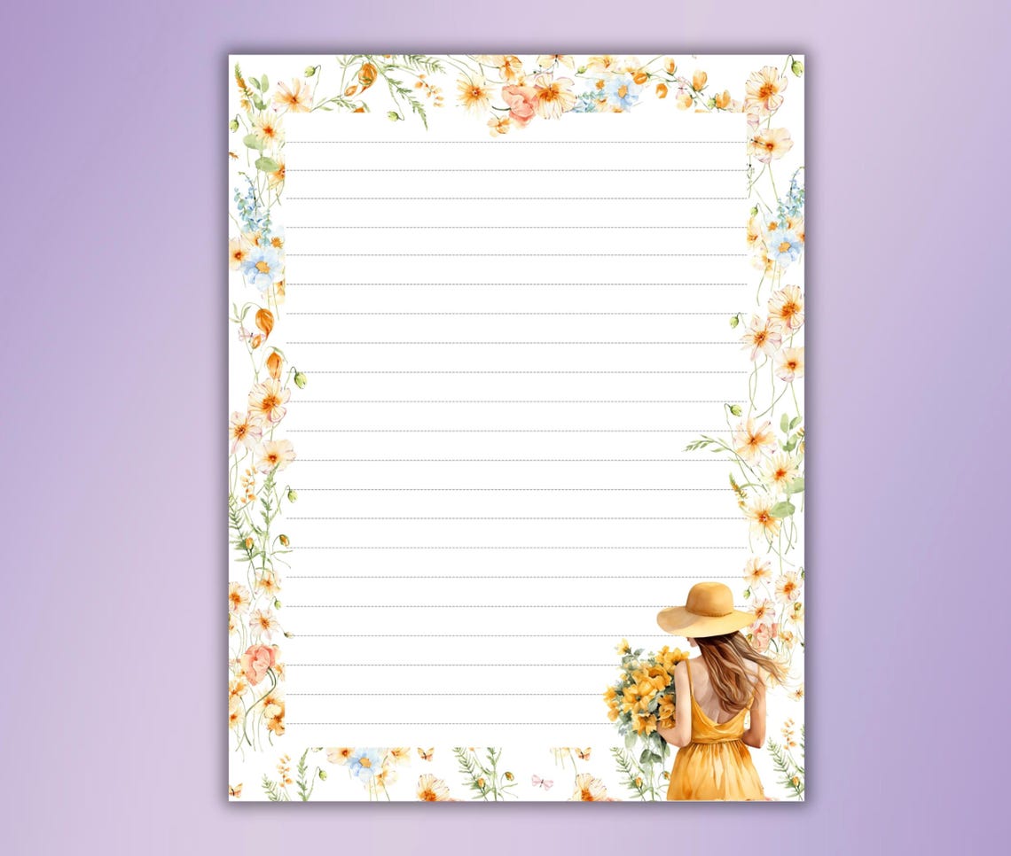 Girl With Yellow Flower Printable Stationery-flower Pen Pal Supplies ...