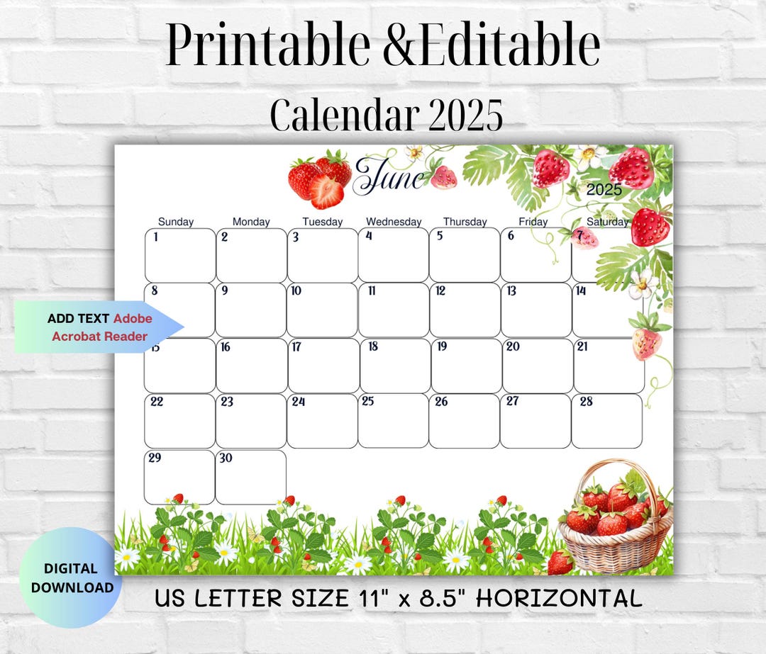 June 2025 Editable Printable Calendar-strawberry Summer Printable ...
