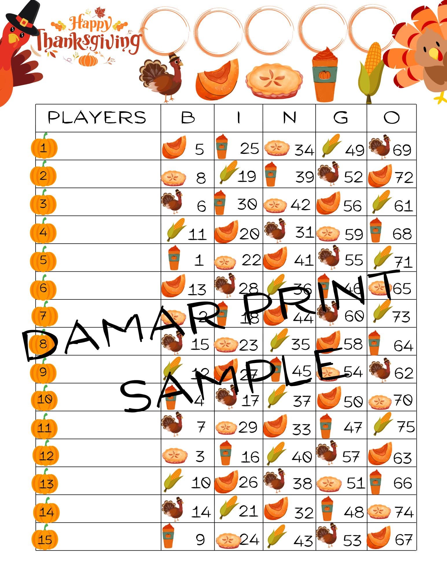 Thanksgiving Bingo Boards Printable-bingo Boards 1-15 Lines -straight ...