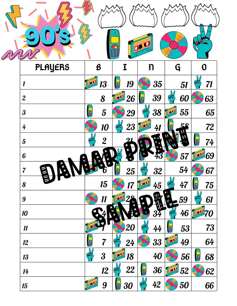 90 S Style Party Bingo Boards Printable-bingo Boards 1-15 Lines ...