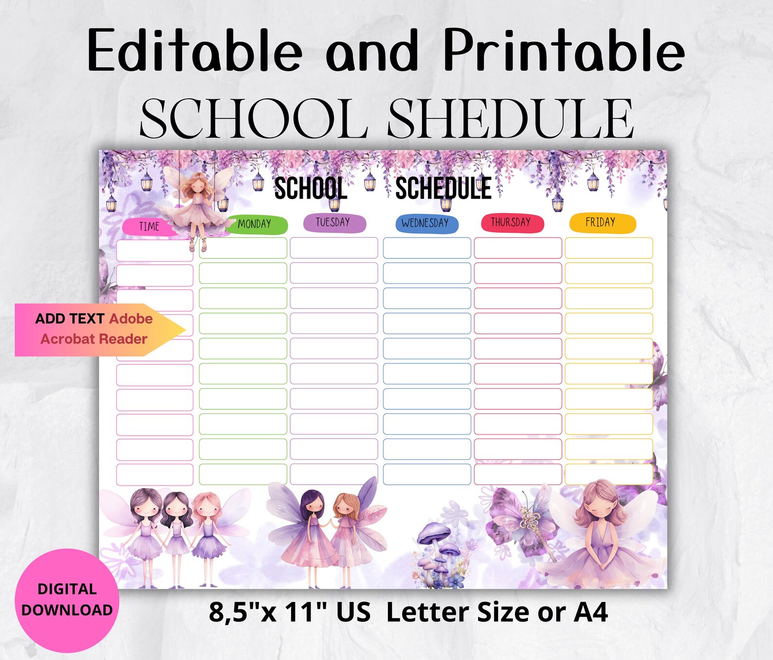 Editable Fairy School Schedule-school Planner Calendar-printable School ...