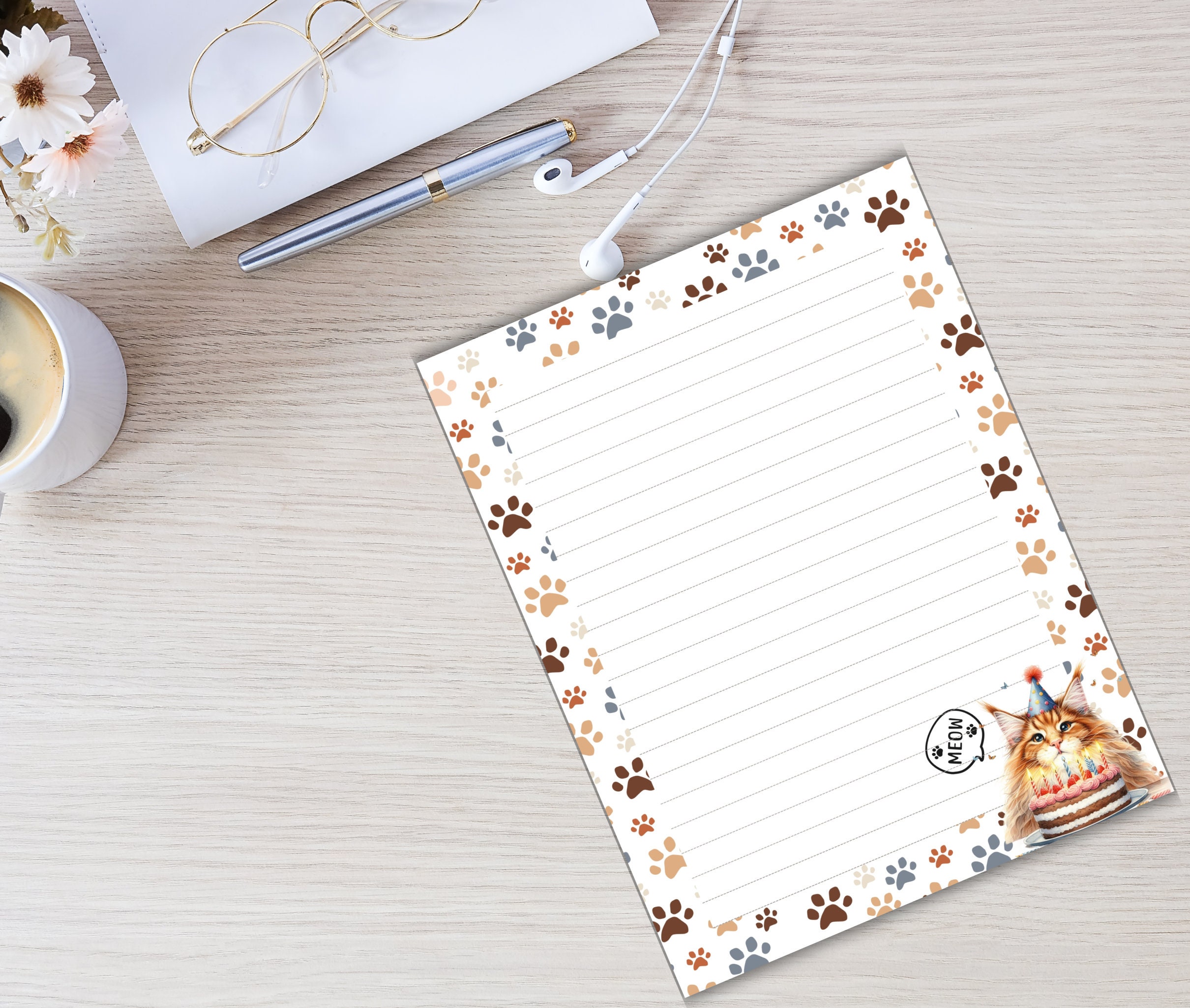Cat's Birthday Printable Stationery-cat Lover Printable Stationery Set ...