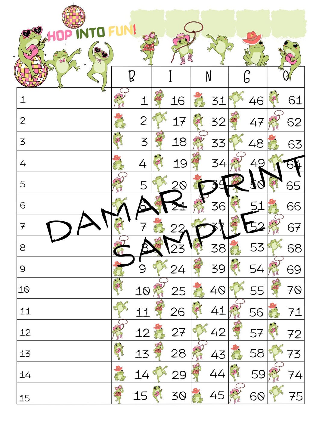 Funny Frog Bingo Boards - Instant Download -15 Lines -disco Printable ...