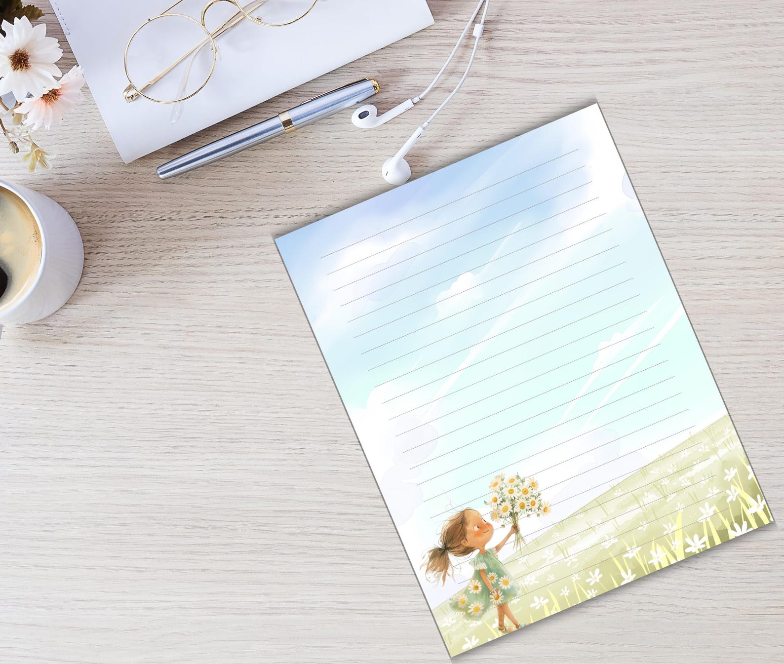 Girl With Daisy Printable Stationery-watercolor Summer Writing Paper ...