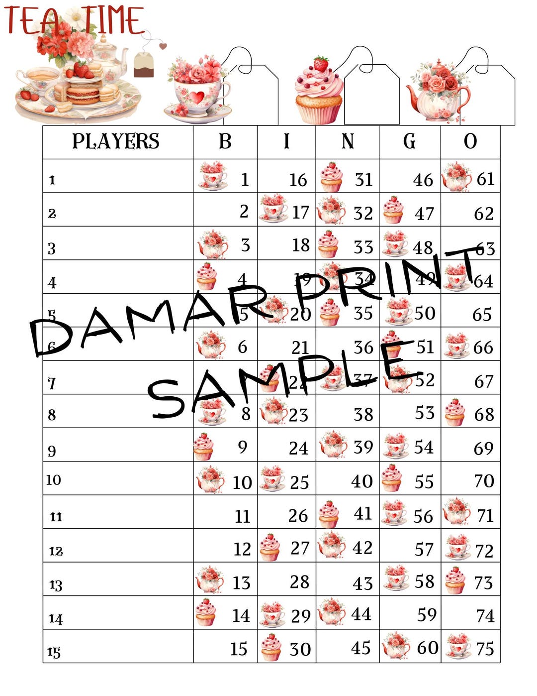 Tea Party Bingo Boards - Instant Download -printable Bingo Boards - 1 ...
