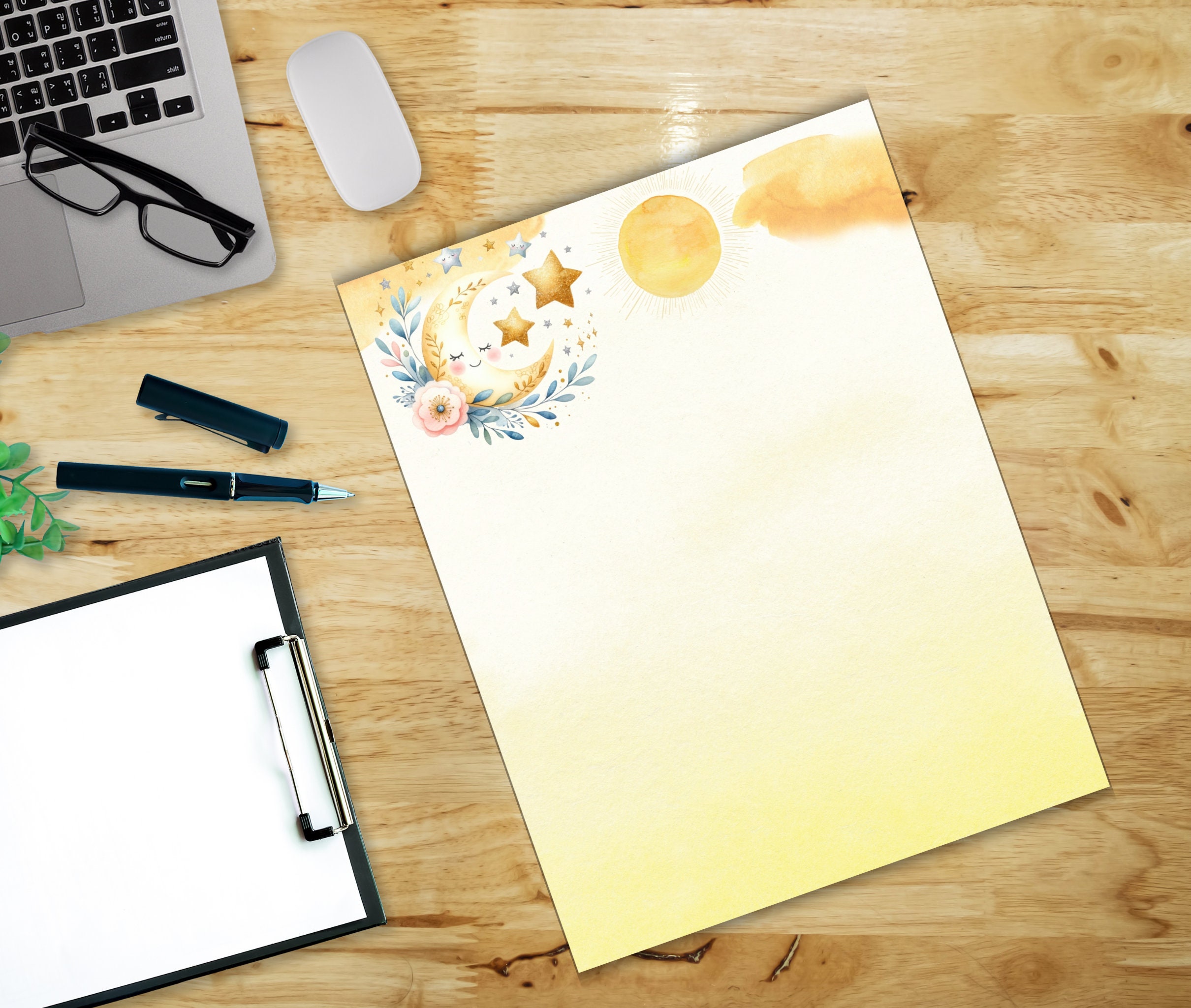 Moon and Sun Printable Stationery-astrology Stationery-watercolor ...