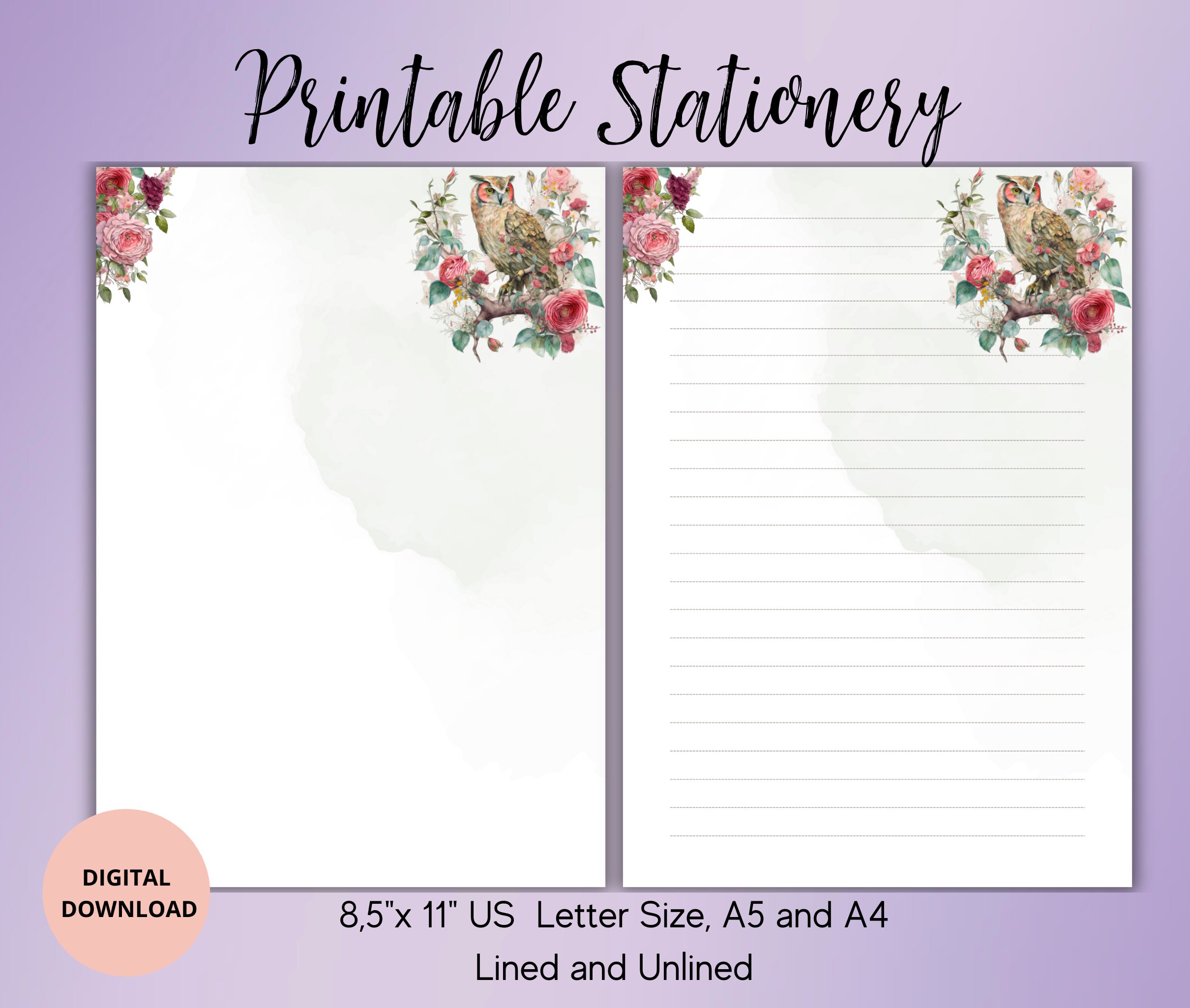 Owl With Flower Printable Stationery-flolar Stationary-cute Writing ...