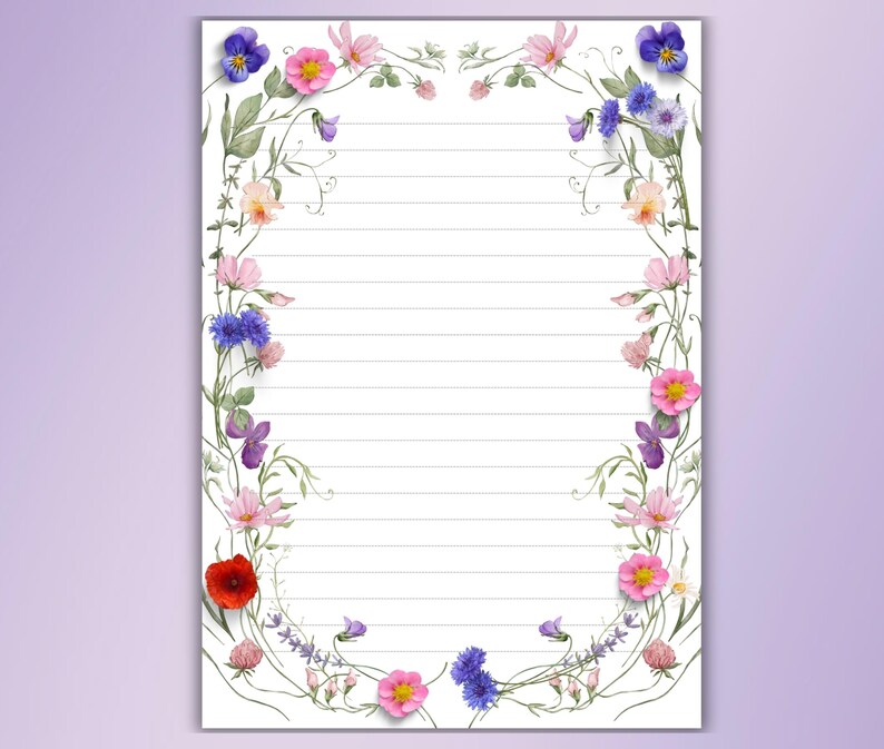 Wildflower Printable Stationery Set-flower Writing Paper Unlined Lined ...