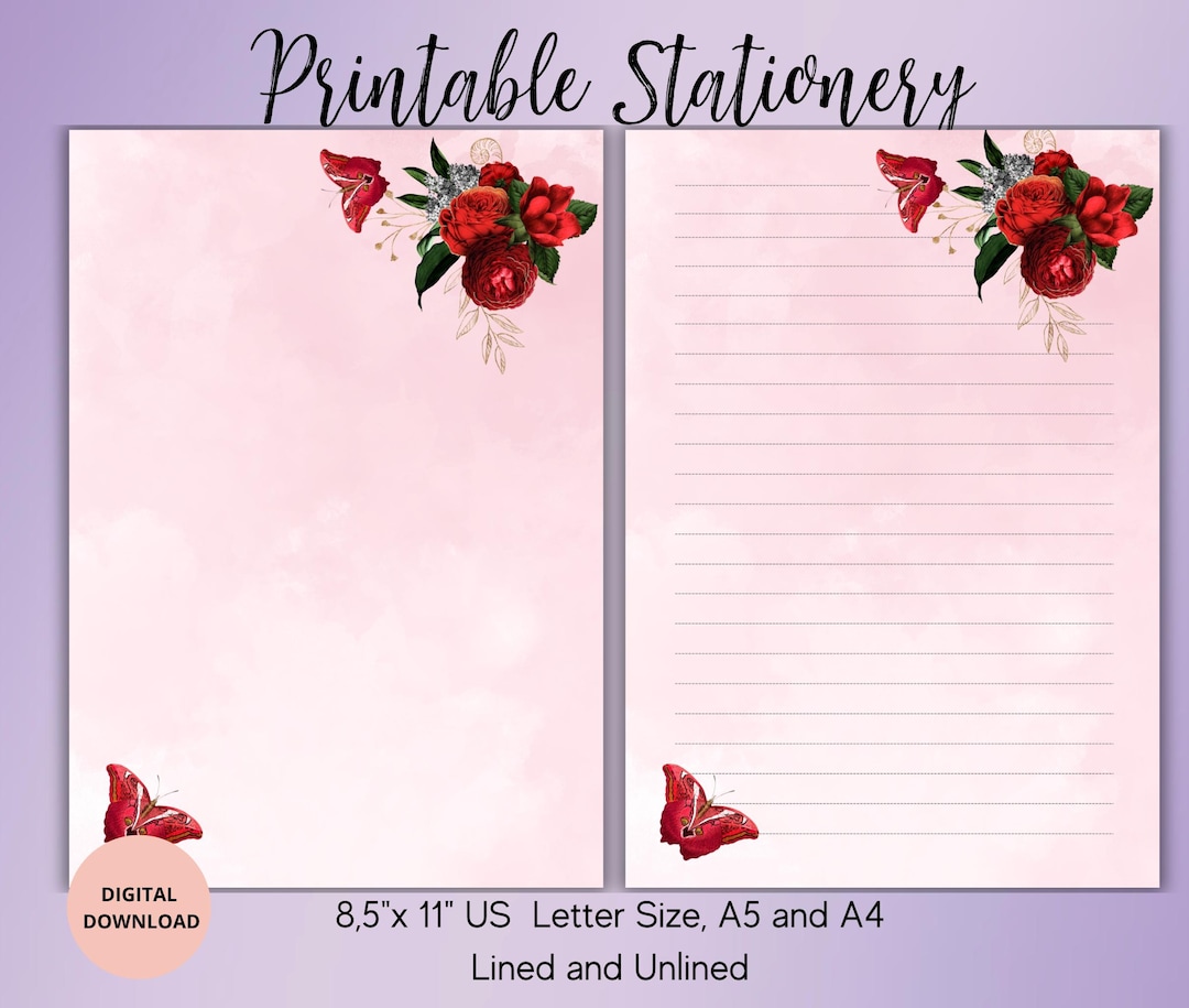 Red Flower With Butterfly Printable Stationery-flower Writing Paper ...