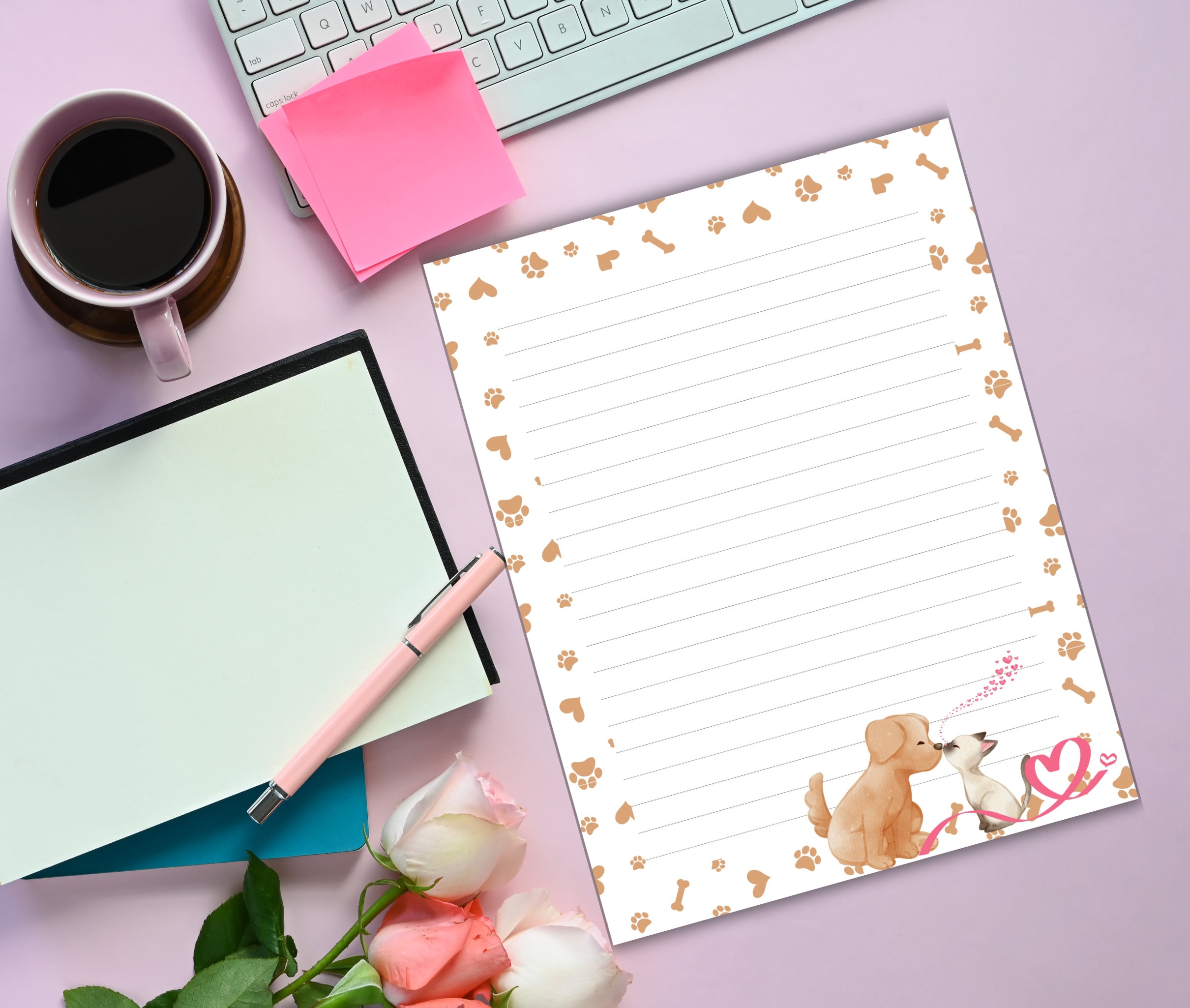 Cat and Dog Printable Writing Paper Set Unlined Lined A5/A4/US Letter ...