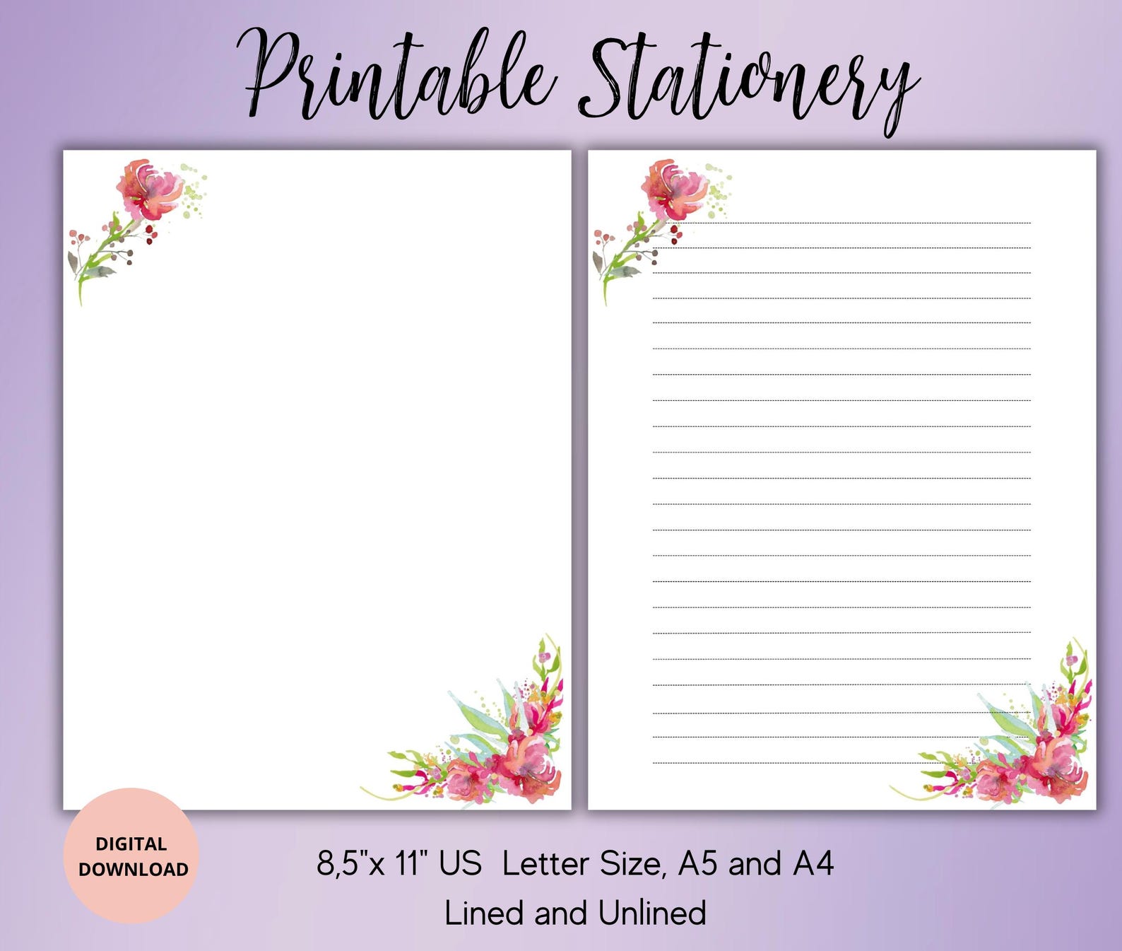 Watercolor Flower Printable Sttaionery-flower Writing Paper Set A4/A5 ...