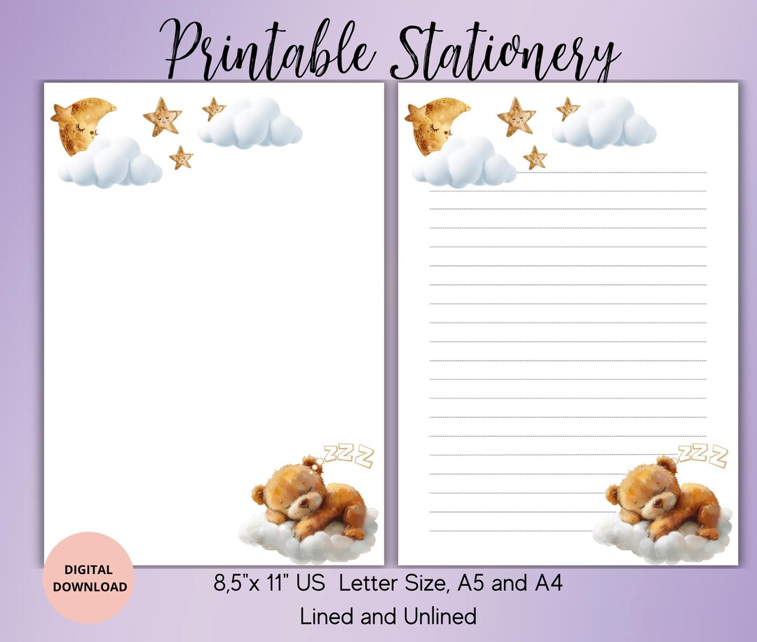 Sleepy Bear Printable Stationery-night Writing Paper Lined Unlined A5 ...