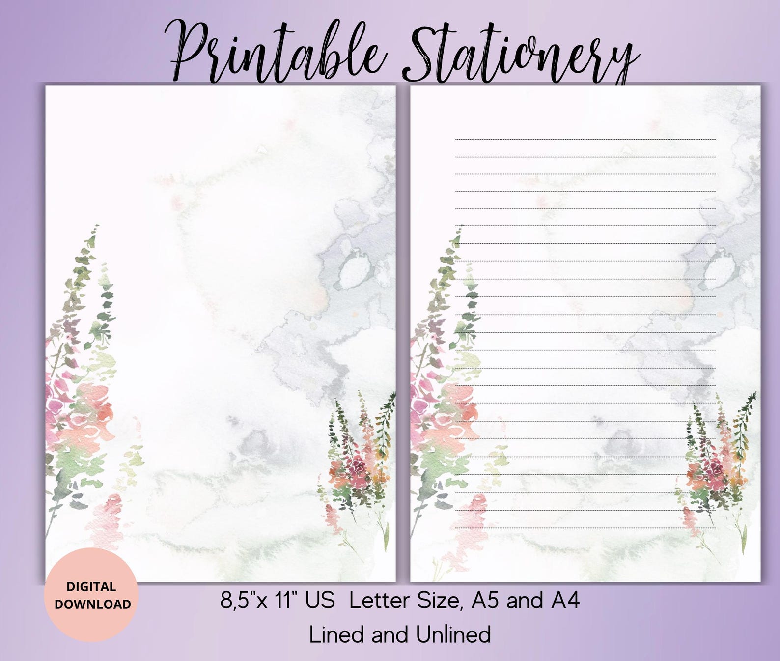 Watercolor Flower Printable Stationery Wildflower Stationary Floral ...