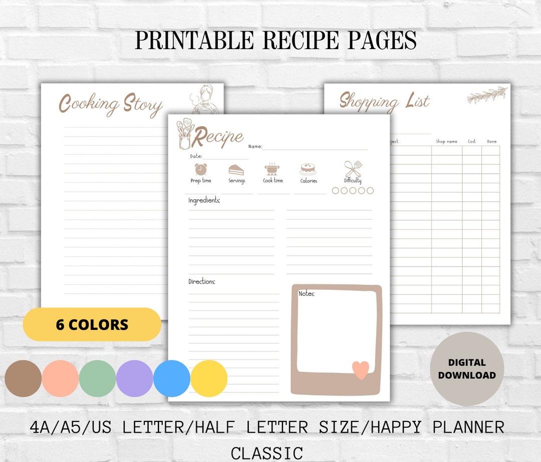 Printable Recipe Page Template-recipe Card-shopping List-recipe Book ...